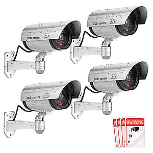 Fake Camera, FITNATE Dummy Camera CCTV Surveillance System with LED Red Flashing Light with 4 Safety Warning Stickers, Fake Security Camera for Outdoor & Indoor Use (4 Packs, Silver)