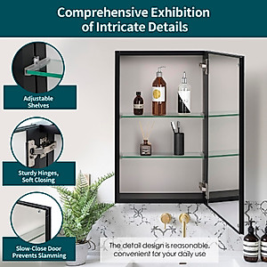 Movo 15 Inch x 24 Inch Medicine Cabinet with Mirror,Black Aluminum Framless Bathroom Mirror Medicine Cabinet,Recessed or Surface Mount Medicine Cabinet for Bathroom with Adjustable Shelves