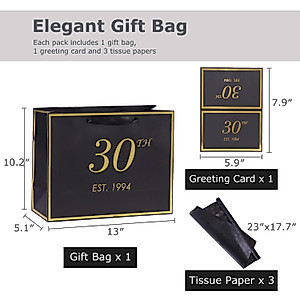 momoake 30th Birthday Gift Bag with Card and Tissue Paper for Men Women, 1994 30 Year Old 13" Elegant Black Gold Anniversary Keepsake Party Present Shopping Paper Bags for Gifts Wrapping (1994 30th)