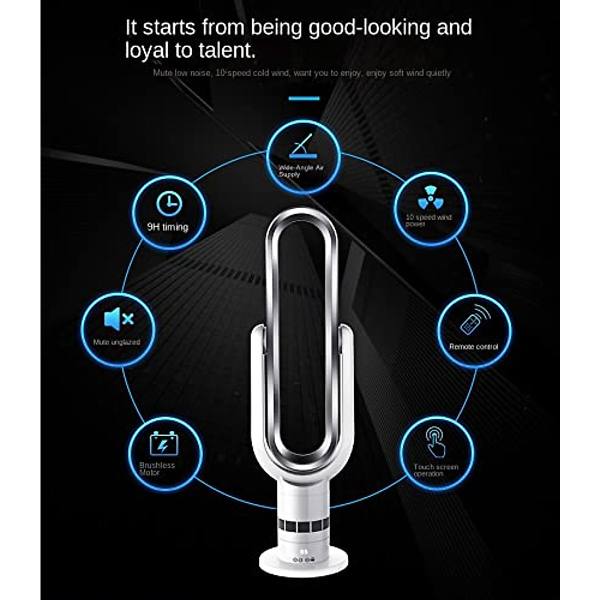 Leafless fan can be remotely controlled, touch screen, children's safety, leafless fan, floor fan, table fan, air volume, quiet, soft, cool, wind speed is adjustable in ten gears (White&Silver)
