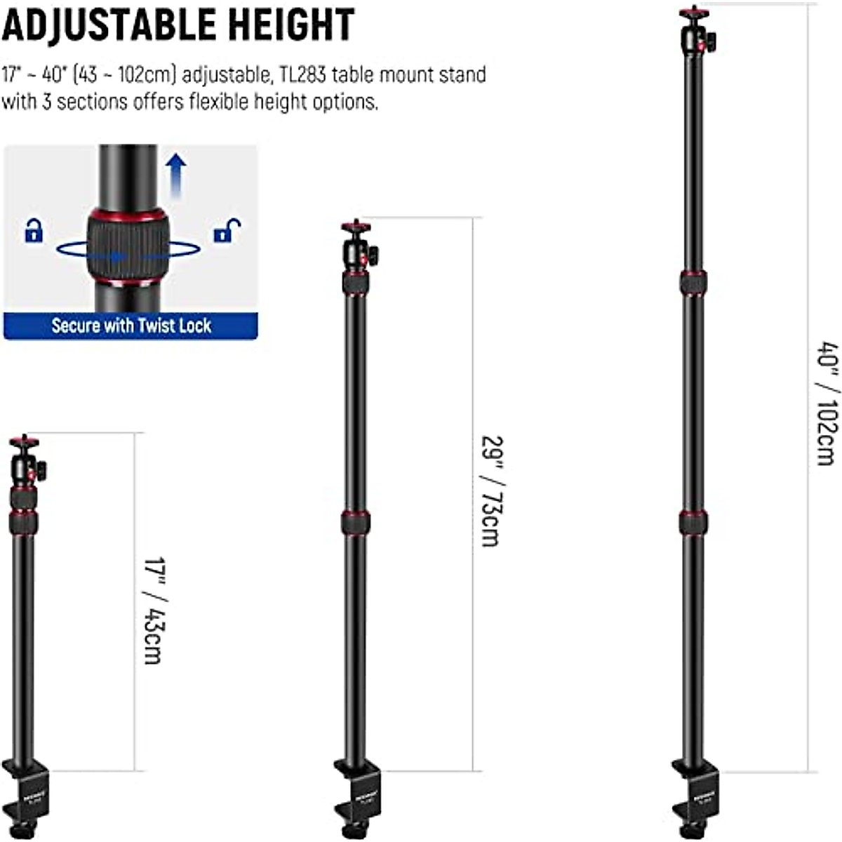 NEEWER Extendable Camera Desk Mount with 1/4" Ball Head, 17”-40” Adjustable Table Light Stand with 1/4" Screw Adapter and C Clamp for DSLR Camera, Ring Light, Live Stream, Vlog, Max Load: 6.6lb/3kg