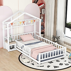 Floor Bed with Fence Railings and House Shape Headboard, Twin Size House Beds with Nightstand and Wooden Slats Support, Kids Montessori Style Playhouse Bed Frame for Girls Boys, White