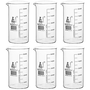 EISCO 6PK Beakers, 500ml - Tall Form with Spout - White, 50ml Graduations - Borosilicate 3.3 Glass