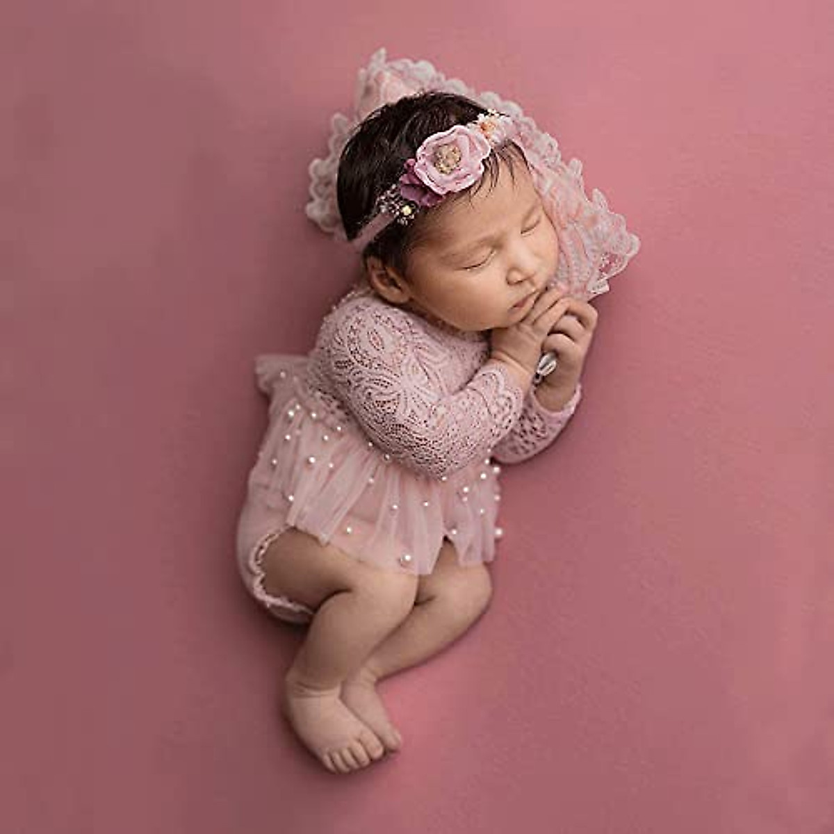 Pink Lace Newborn Photography Outfits Girl Newborn Photography Props Pearl Lace Rompers Newborn Girl Lace Romper Photoshoot Outfits Baby Photo Props (Long Sleeve, Pink, 0-2Months)