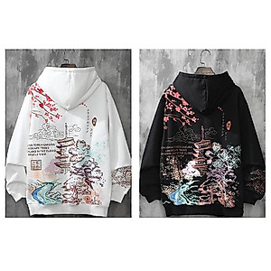 Women Men Aesthetic Japanese Sakura Hoodie, Y2K Anime Harajuku Cloth Korean Hooded Long Sleeve Sweatshirt for Winter Fall (Black,XL,X-Large)