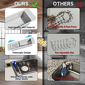 NiHome Extendable Over Sink Kitchen Organizer, Telescopic Sink Storage Rack for Sponge, Non-Slip Pads Expandable Sink Caddy, Adjustable Sponge/Brush Rack with Drainage Durable ABS Material (Grey)