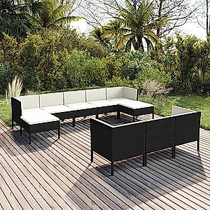 vidaXL 10-Piece Outdoor Lounge Set with Cushions, Weather-Resistant PE Rattan, Powder-Coated Steel Frame, Comfortable Cushioning, Black and Cream - Perfect for Patio, Garden, or Backyard