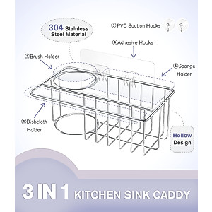 3 in 1 Sink Caddy Sponge Holder, VIS'V 304 Stainless Steel Adhesive Kitchen Sink Basket Sponge Holder Brush Holder Dishcloth Hanger Kitchen Sink Accessories Organizer Rack with 2 Suction Cups - Silver