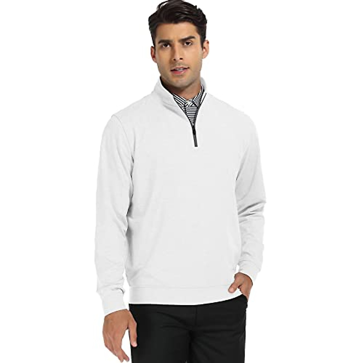 DEOLAX Mens Quarter Zip Pullover Solid 1/4 Zip Pullover Mens Athletic Long Sleeve Sweatshirt Mock Neck Golf Shirts for Men White