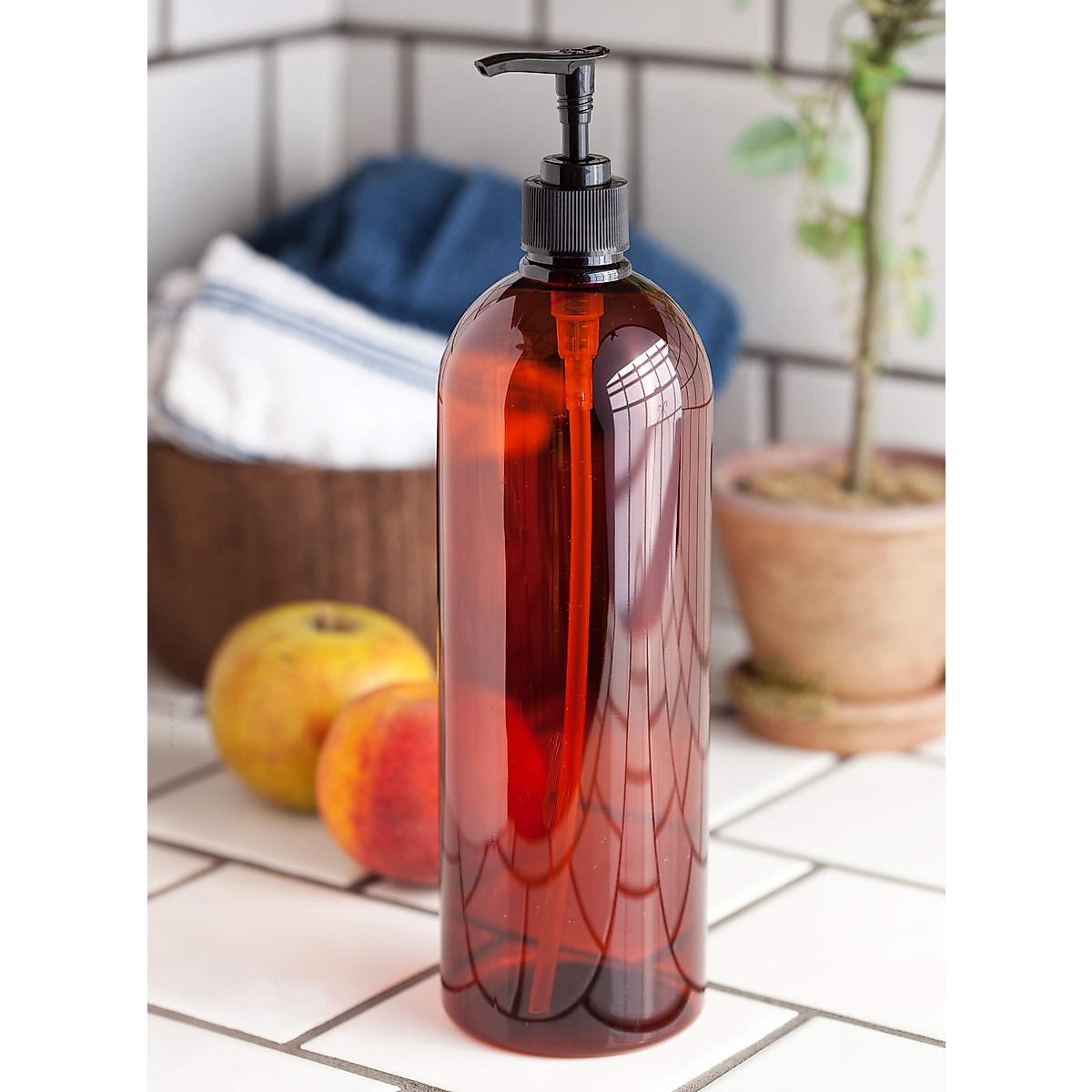 JUVITUS 32 oz Amber Boston Round PET Bottles with Black Lotion Pump (6 pack) + Labels