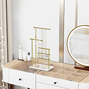 susswiff Jewelry Holder Organizer Stand - Adjustable Tall 17.5" (Max), Sturdy Jewelry Hanger for Necklaces, Earrings, Bracelets, Rings, Jewlery Display and Storage, Gold and White, Metal