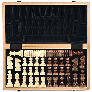 AMEROUS 15 Inches Wooden Chess & Checkers Set with Upgraded Weighted Chess Pieces - 2 Extra Queen -24 Cherkers Pieces -Instruction -Chessmen Storage Slots, Classic 2 in 1 Board Games