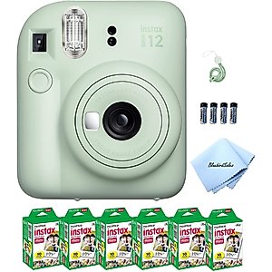 Fujifilm Mini 12 Instant Camera Starter Bundle: Includes Mini Film Value Pack (60 Sheets) + 4 Pack AA Batteries + Lens Cleaning Cloth (Mint Green)