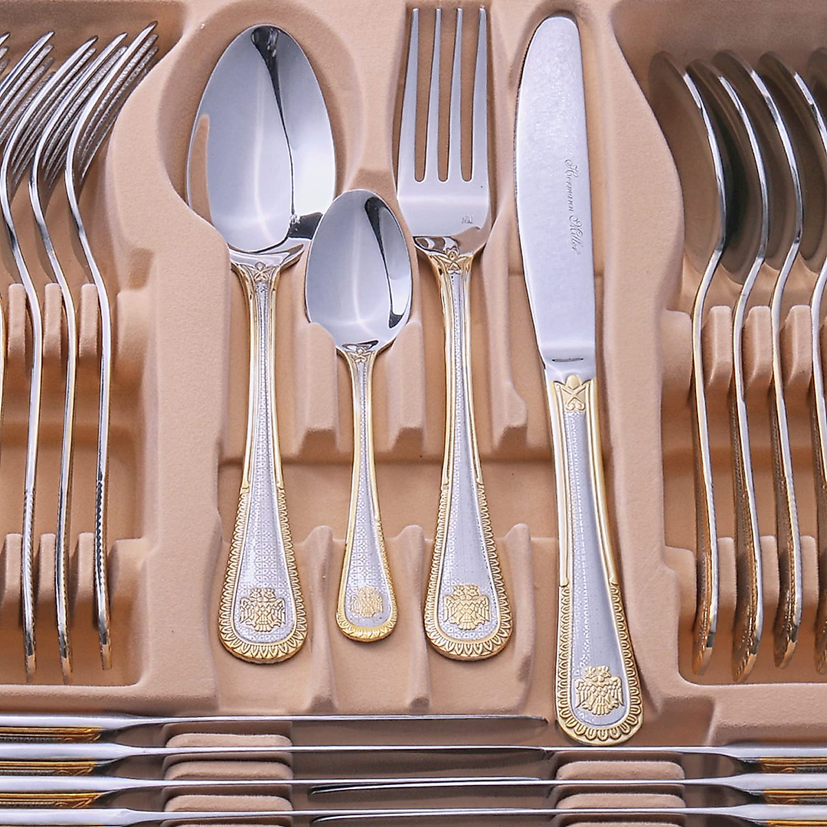 Hermann Miller Royal Family Collection 72 Piece Fine Flatware Silverware Set with Gift Carrying Case, Elegant Design, Serves Parties 12 people, Perfect Housewarming Graduation for Loved Ones, Gold