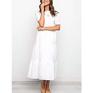 LOGENE Women Short Sleeve Crew Neck Smocked Elastic Waist Tiered Maxi Dress Summer Boho Solid Color Sun Dresses-484-baise-L