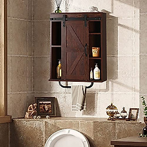 LUCKWIND Bathroom Farmhouse Medicine Cabinet with Sliding Barn Door, Retro Rustic Brown Wall Mounted Bathroom Cabinet w/Removable Towel Bar,Spaces Saving Storage Cabinet for Bathroom,Kitchen,Entryway