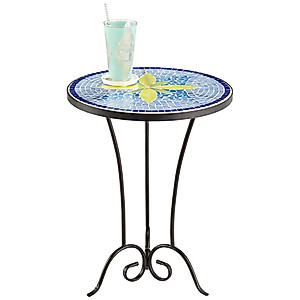 Teal Island Designs Flower Rustic Black Metal Round Outdoor Accent Side Table 17 1/2" Wide Blue Yellow Mosaic Tile Tabletop Gracefully Curved Legs for Spaces Porch Patio Home House Balcony Deck