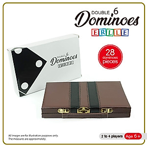 ERLLE Dominos Set Game. Premium Classic 28 Pieces Double Six Domino. Durable Leather Box. Kids, Boys, Girls, Party Favors and Anytime Use. Duoble 6 Dominoes. (Pro)