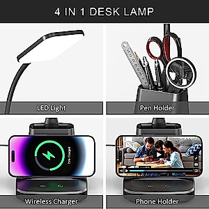 Vicsoon Desk Lamp for Home Office, LED Desk Lamp with Wireless Charger Pen Holder, Dimmable Desk Light with 3 Color Modes, Black Office Lamp for Dorm