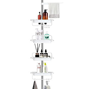 Rustproof Shower Caddy Corner, Shower Organizer with Tension Pole, 4 Tier Adjustable Shelves with Shower Storage, Stainless Shower Shelves, Drill Free Shower Rack, 56-114 Inch, White