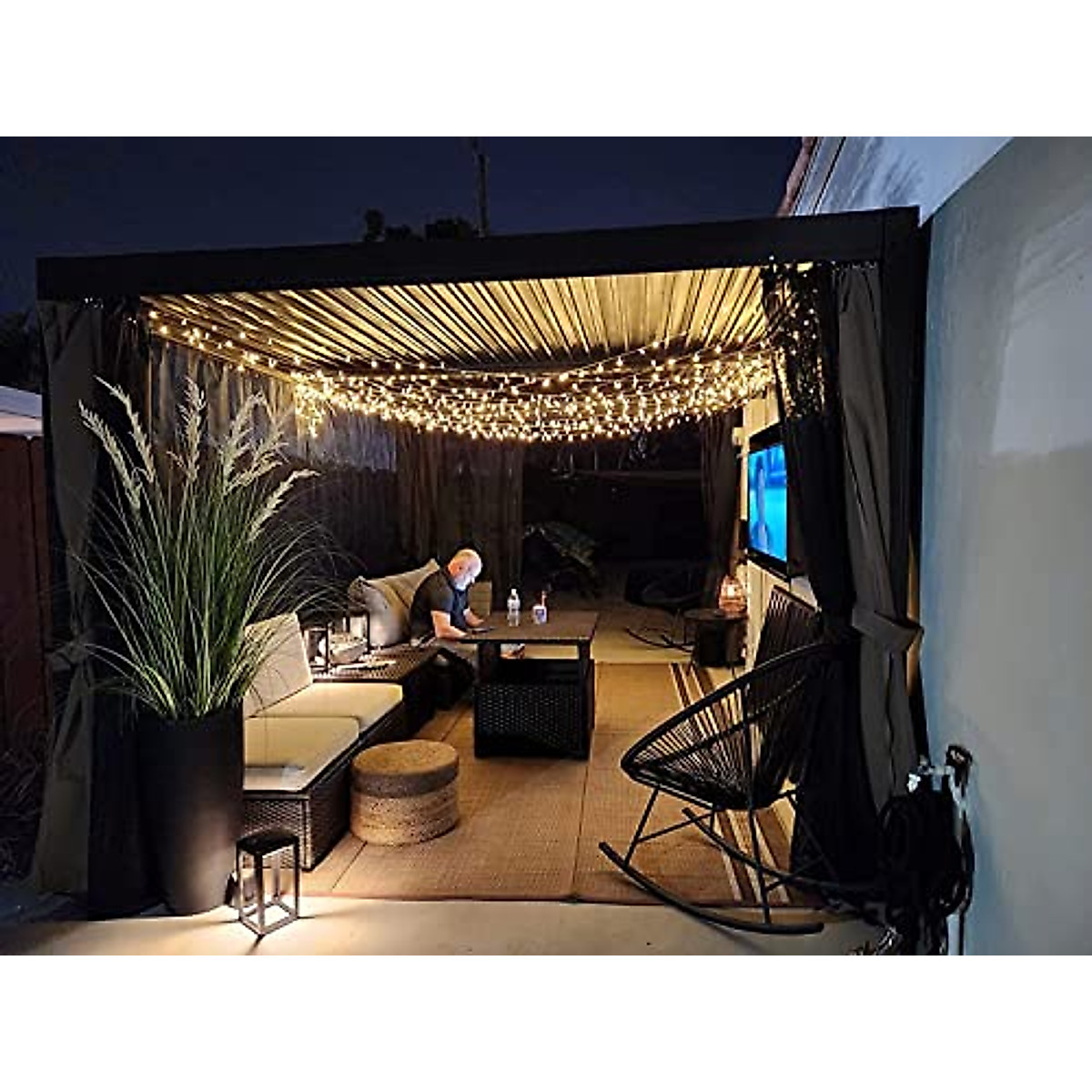 Domi Louvered Pergola 12' × 16', Outdoor Aluminium Pergola with Adjustable Roof, Curtains and Netting, Hardtop Gazebo for Patio, Deck, Garden, Yard, Beach(Gray)