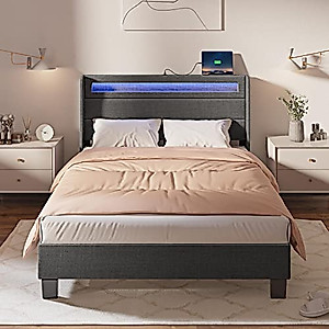 Rolanstar Bed Frame Queen Size with Headboard, Upholstered Platform Bed Frame Queen with LED Lights and USB Ports, Motion Activated Night Light & Solid Wood Slats, No Box Spring Needed, Dark Grey