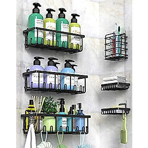 GYLYJP Shower Caddy, 6-Pack Self Adhesive Shower Shelves No Drilling, Rustproof Stainless Steel Shower Organizer, Large Capacity Wall Mounted Shower Storage, Shower Shelf for Inside Shower, Black