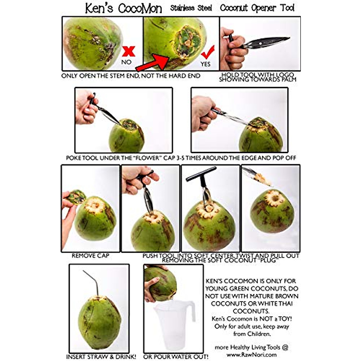 Ken's CocoMon Coconut Opener Tool + Stainless Straw for Fresh GREEN Young Fruit Black Rubber Handle EZ Easy Grip SAFE with Stainless Steel Drinking Straws (1 CocoMon + 1 Straw)