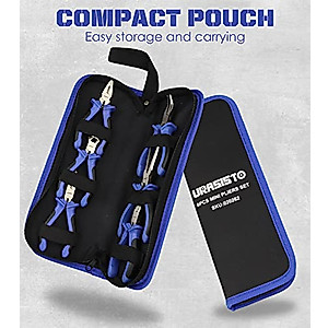 URASISTO 6 pcs Mini Pliers Set  - Long, Bent, Needle Nose, Diagonal, End Cut, Combination - Spring Loaded Handle, 5 Inch - Mechanic, Craftsman Basic Tool Kit - Roll Up Carry Bag Included