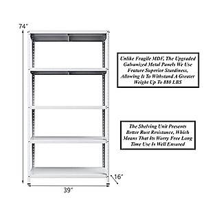 White 5-Tier Metal Shelving Unit Heavy Duty Garage Warehouse Storage Rack Workbench Strong Galvanized Metal Plates Adjustable Shelves Adjustable Layout Can Be Split Into 2 Small Utility Storage Racks