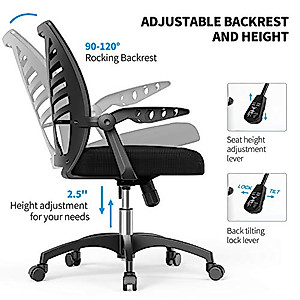 Ergonomic Office Chair, Mid Back Mesh Computer Desk Chair with Lumbar Support, Flip-up Arms, Adjustable Backrest, Swivel Comfortable Task Chair for Teens, Women, Adults,Black