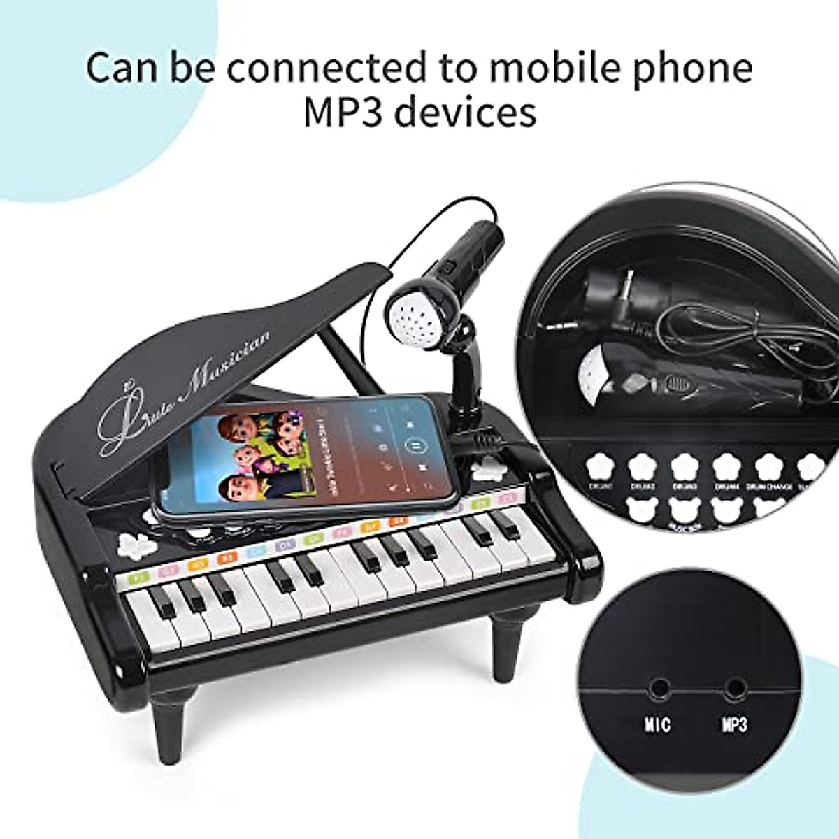 24 Keys,Kids Grand Piano Keyboard Toy for Beginners,3 4 5 6 Years Old Toddler Girl Boy First Birthday Gift,Musical Instrument,w/Microphone,Multiple Sounds,Note Stickers,Recordings,Connecting MP3,Black