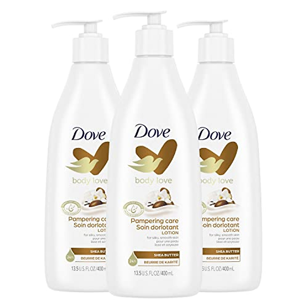 Dove Body Love Pampering Body Lotion for Silky, Smooth Skin Shea Butter Softens and Smoothes Dry Skin, White, 13.5 Oz, 3 Count