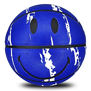 MINDCOLLISION Size 5 and 7 Graffiti Smiley Basketball, Wear-Resistant PU Soft Leather, Good Grip. Perfect for Indoor and Outdoor Training and Competitions (4 Colors),Blue,No.7