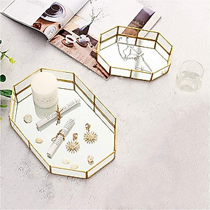 Decorative Metal Mirror Catchall Tray, Glass Vanity Tray, Dresser Tray, Jewelry Display Tray, Vanity Organizer for Accent Table, Gold Leaf Finish, 12.4x8.5x2 inches (Polygon)