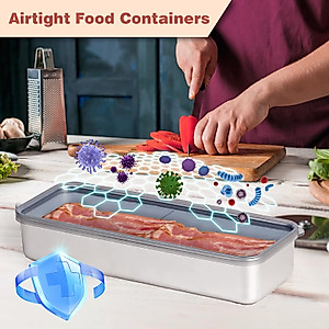 Zarevant Pack of 2 Bacon Container for Refrigerator, 304 Stainless Steel Airtight Deli Meat Storage Bacon Keeper, Long Storage Container for Fridge, Dishwasher Safe, with Lids