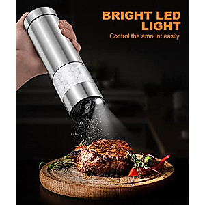 OUWMAN Electric Salt and Pepper Grinder Set, [2 Pack] Automatic Salt and Pepper Grinder Set Battery Powered with LED Light, Adjustable Coarseness Pepper Mill, One Hand Operation, Stainless Steel
