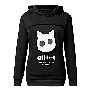 WUAI Unisex Men Women Pet Carrier Hoodies Cat Dog Kangaroo Pouch Holder Sweatshirt Shirt Pullover Top Plus Size(Black,Medium)
