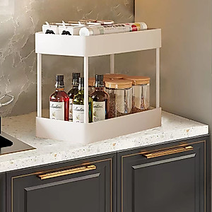 XXFBJNMD Under Sink Organizer, 2 Tier Bathroom Organizer Under Sink with 1 Cup and 4 Hooks, Bathroom Kitchen Multifunctional Under Sink Organizers and Storage (White)