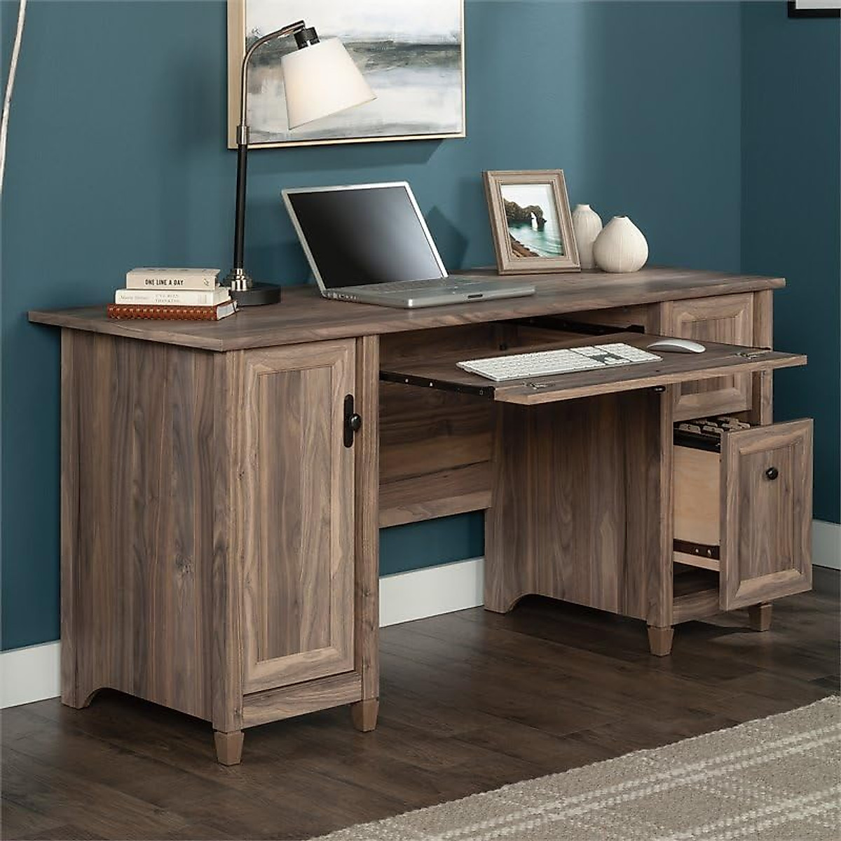 Sauder Edge Water Home Office Computer Desk with Storage, Washed Walnut Finish