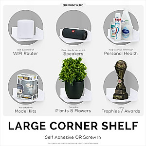 6.5" Corner Shelf Mount for Speakers, Cameras, Baby Monitors, Plants, Books Electronics, Collectibles & More, Adhesive & Screw in Floating Shelves (White) by Brainwavz