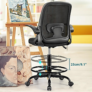 Winrise Drafting Chair Tall Office Chair Ergonomic Desk Chairs with Lumbar Support and Flip-up Armrests, Adjustable Height Comfy Computer Chair with Swivel Task and Adjustable Foot Ring(Black)