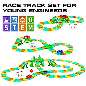 USA Toyz Glow in The Dark Car Race Tracks for Kids- Speedway Race Car Track Set with 360pk Rainbow Flexible Roads, 2 Light Up Toy Cars, Bridges, Ramps, STEM Building Toys for Boys and Girls Ages 3+