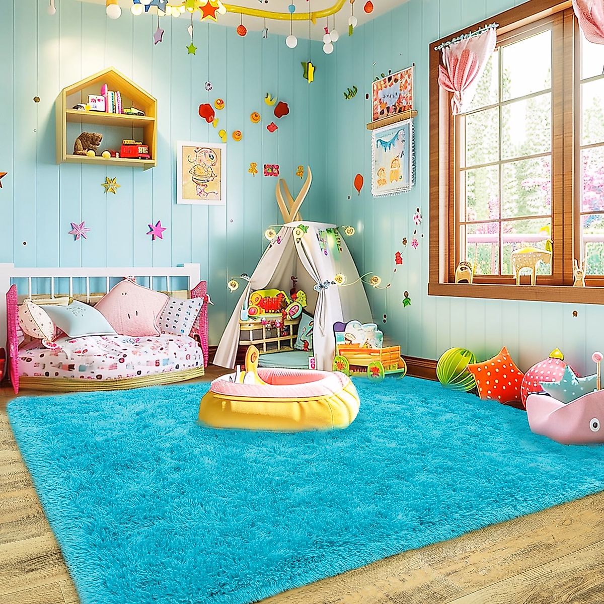 Super Soft Fluffy Rug for Living Room Bedroom, Modern Shaggy Rug Fuzzy Kids Rug for Living Room, Plush Indoor Nursery Classroom Home Decor Bedside Rug with Non-Slip Bottom, Teal Blue, 4 X 6 Feet