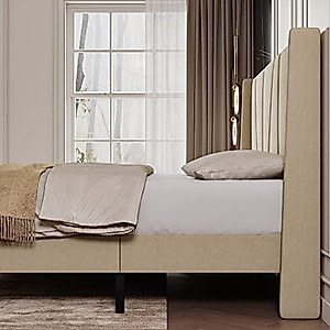 SHA CERLIN King Bed Frame, Upholstered Platform Bed with Geometric Headboard and Wingback, Wood Slat Support, No Box Spring Needed, Beige