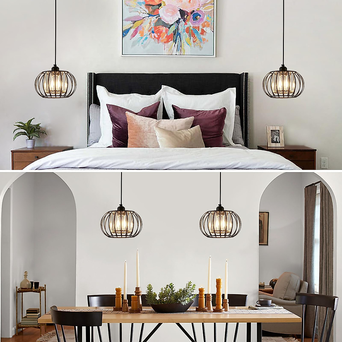 XSDeTu Black Pendant Light Fixture, Farmhouse Hanging Lights with Crystal, Adjustable Mini Kitchen Pendant Light, Modern Industrial Metal Wire Caged Hanging Pendant Lamp for Living Room, Bedroom