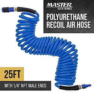 Master Elite Series 1/4" x 25' Polyurethane Recoil Air Hose with Bend Restrictors and 1/4" NPT Male Fitting Ends - Universal Aluminum Quick Coupler, I/M Industrial Plug - Attach Compressors, Air Tools