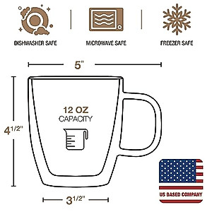 Eparé 12 oz Double Wall Coffee Mugs Set of 2 - Large Iced Latte Glass Coffee Cups with Handle - Lightweight Double Walled Glass Coffee Mug - Cappuccino, Tea, or Espresso Glass Cups