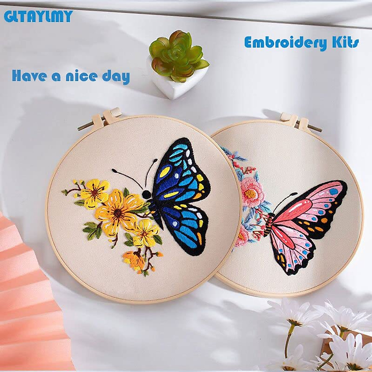 GLTAYLMY 3 Pack Embroidery Kits with Butterfly Pattern for Beginner Adults,Cross Stitch Kits with 1 Plastic Embroidery Hoops,Needles and Color Threads,Needlepoint Kit for Adults