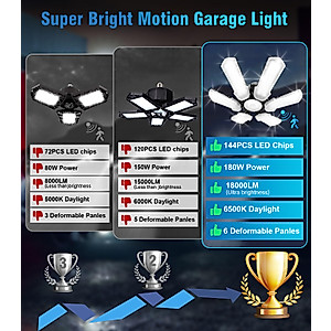 TANBABY Motion Sensor Garage Light,Ultra Bright 18000LM Garage Light LED Ceiling with Motion,180W Deformable Garage Lighting,Screw in Motion Activated Garage Light for Basement Attic Shop (180, Watts)